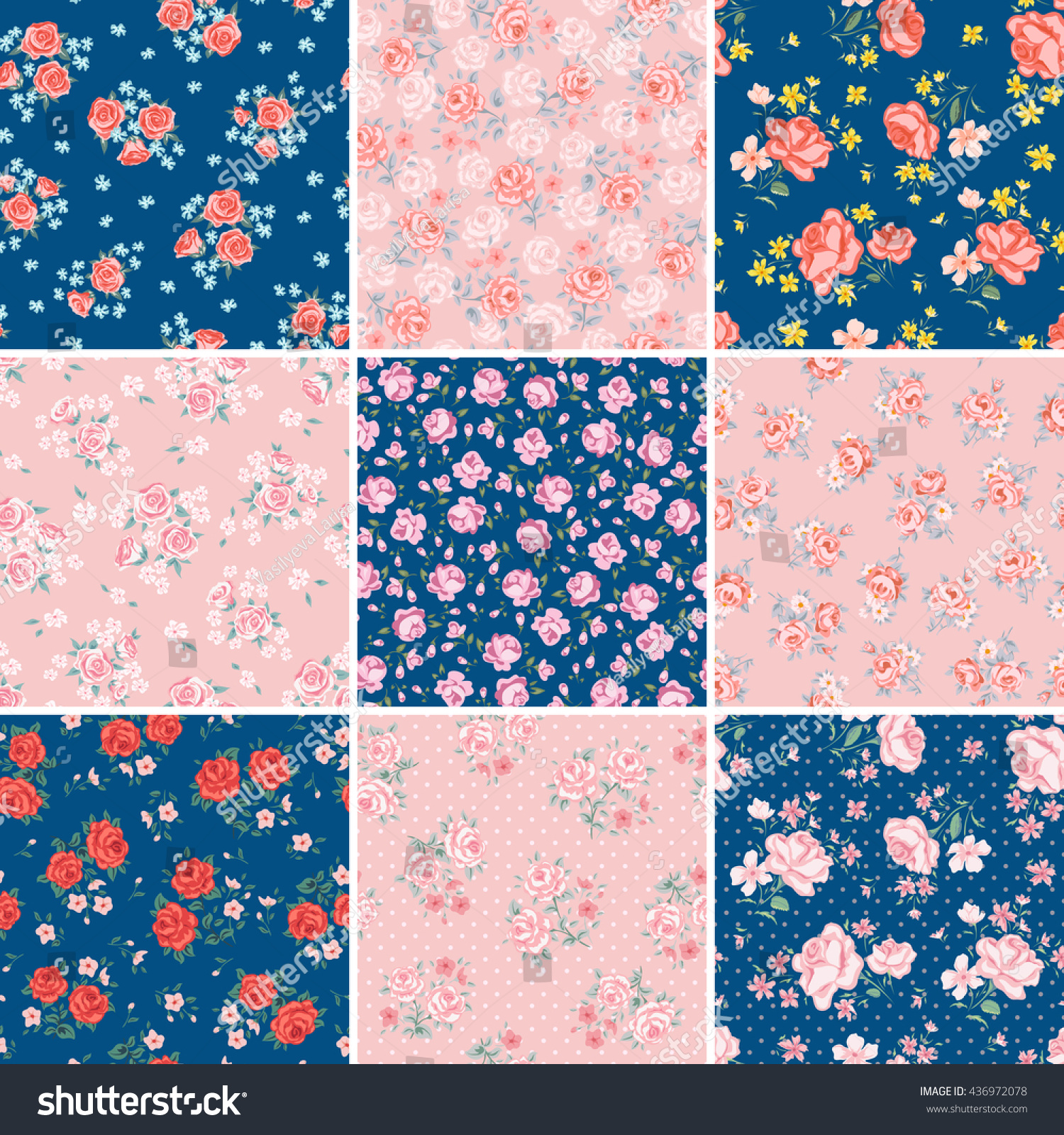Flower seamless pattern vector set. Simple floral print with small rose ...