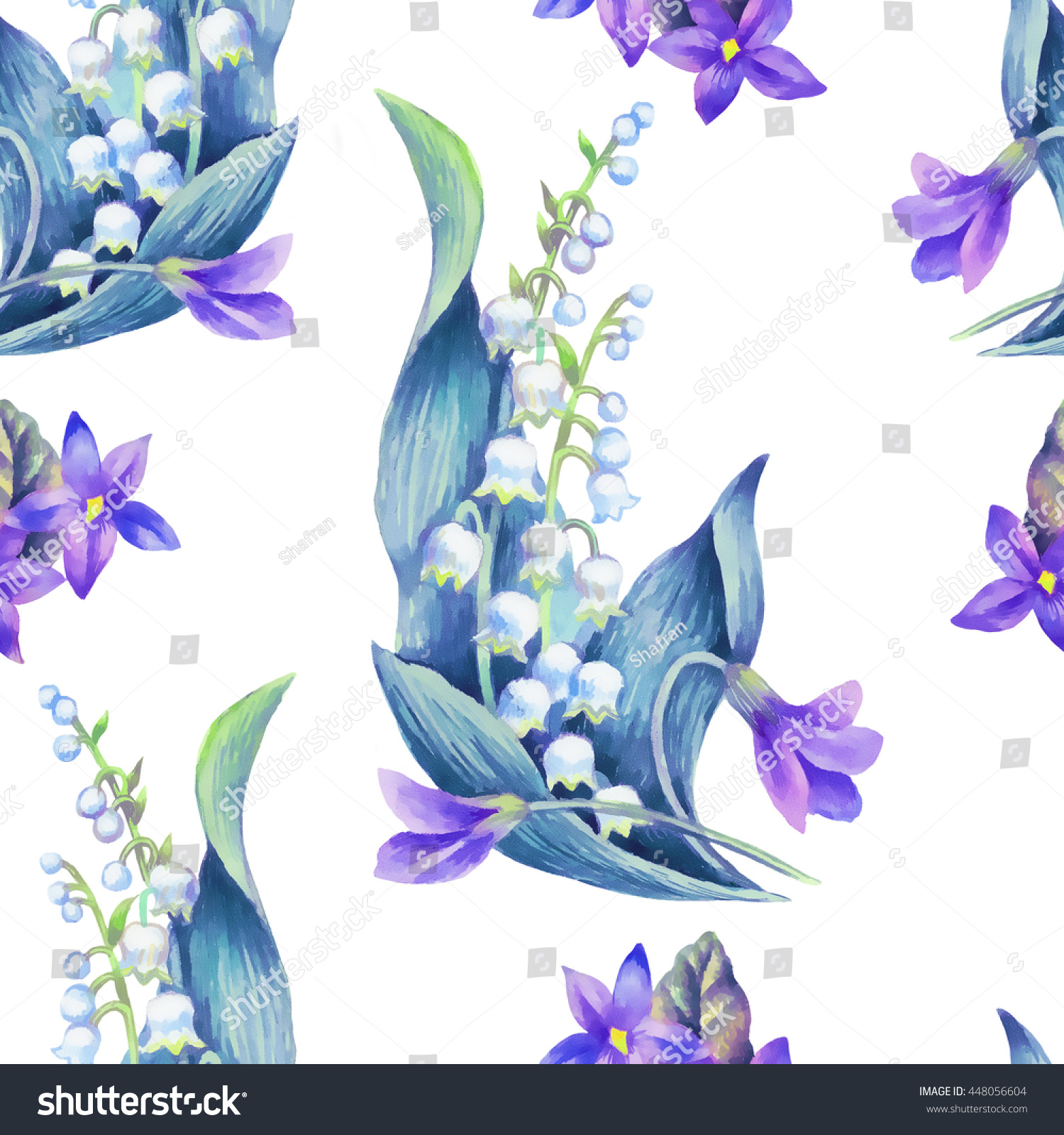 Spring flowers: snowdrop may-lilly viola seamless pattern hand paint ...