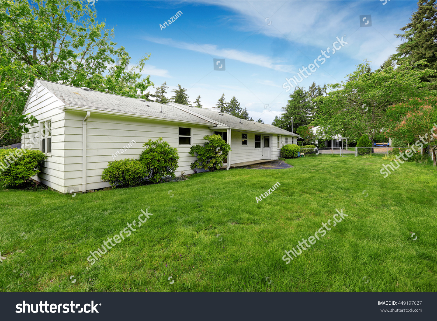 Fenced Back yard of American rambler with green grass and lots of space ...