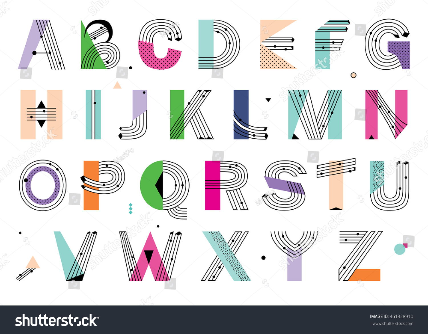 Creative geometric Alphabet. Postmodernist design typeface in Memphis ...