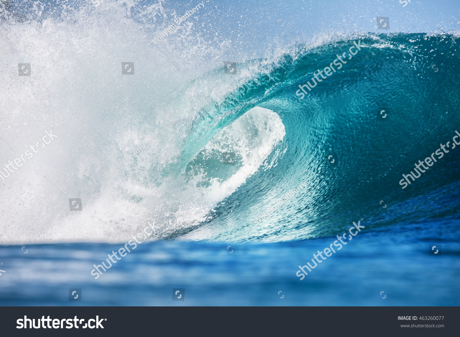 Shorebreak Big ocean wave in daylight. Beautiful sky with clouds. Sea ...