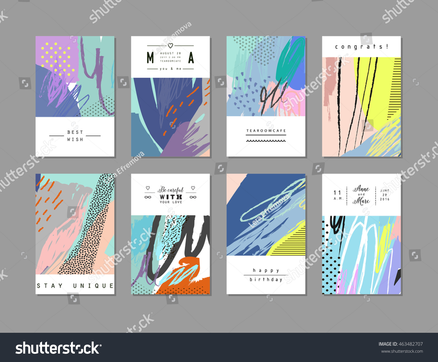 Set of artistic creative universal cards. Hand Drawn textures. Wedding ...