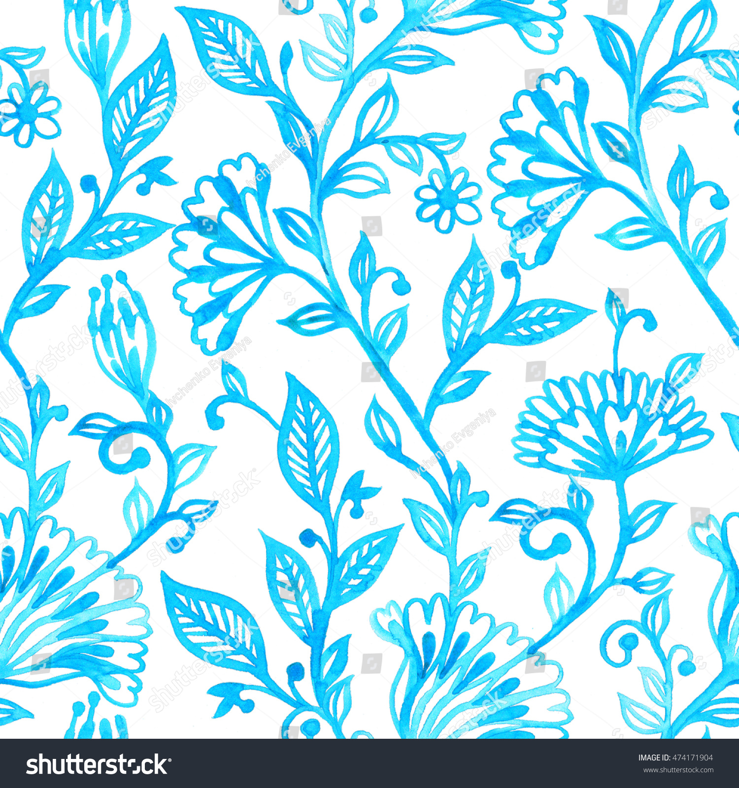 Turquoise watercolor flower vintage seamless pattern with fantasy ...