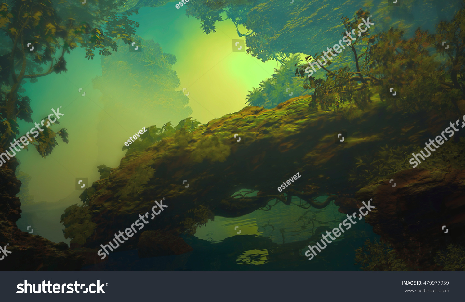 3D Illustration of landscape of part of the forest and a lake where it ...