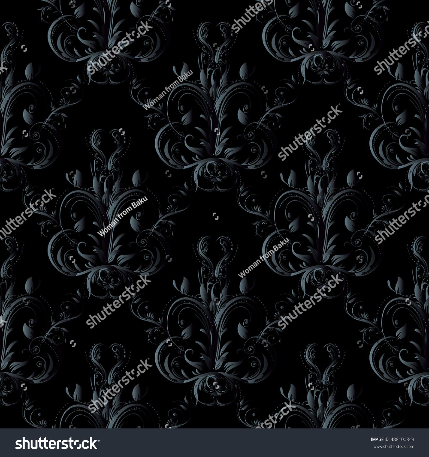 Dark black baroque damask vintage floral vector seamless pattern ...
