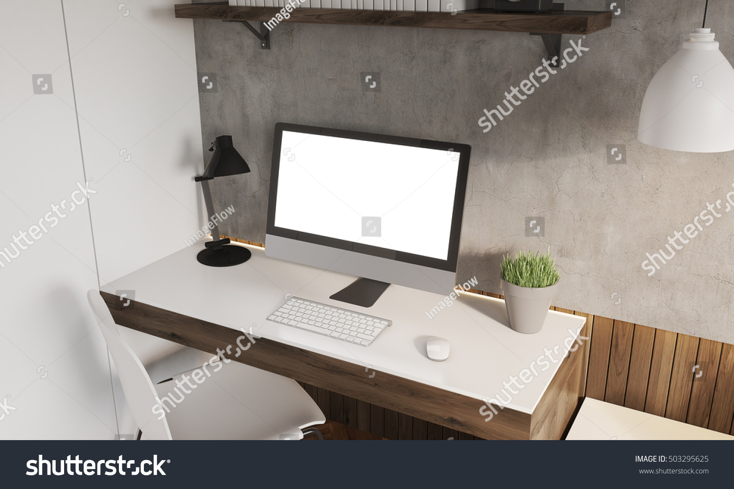 Close up of desk with computer in home office corner. White chair is ...