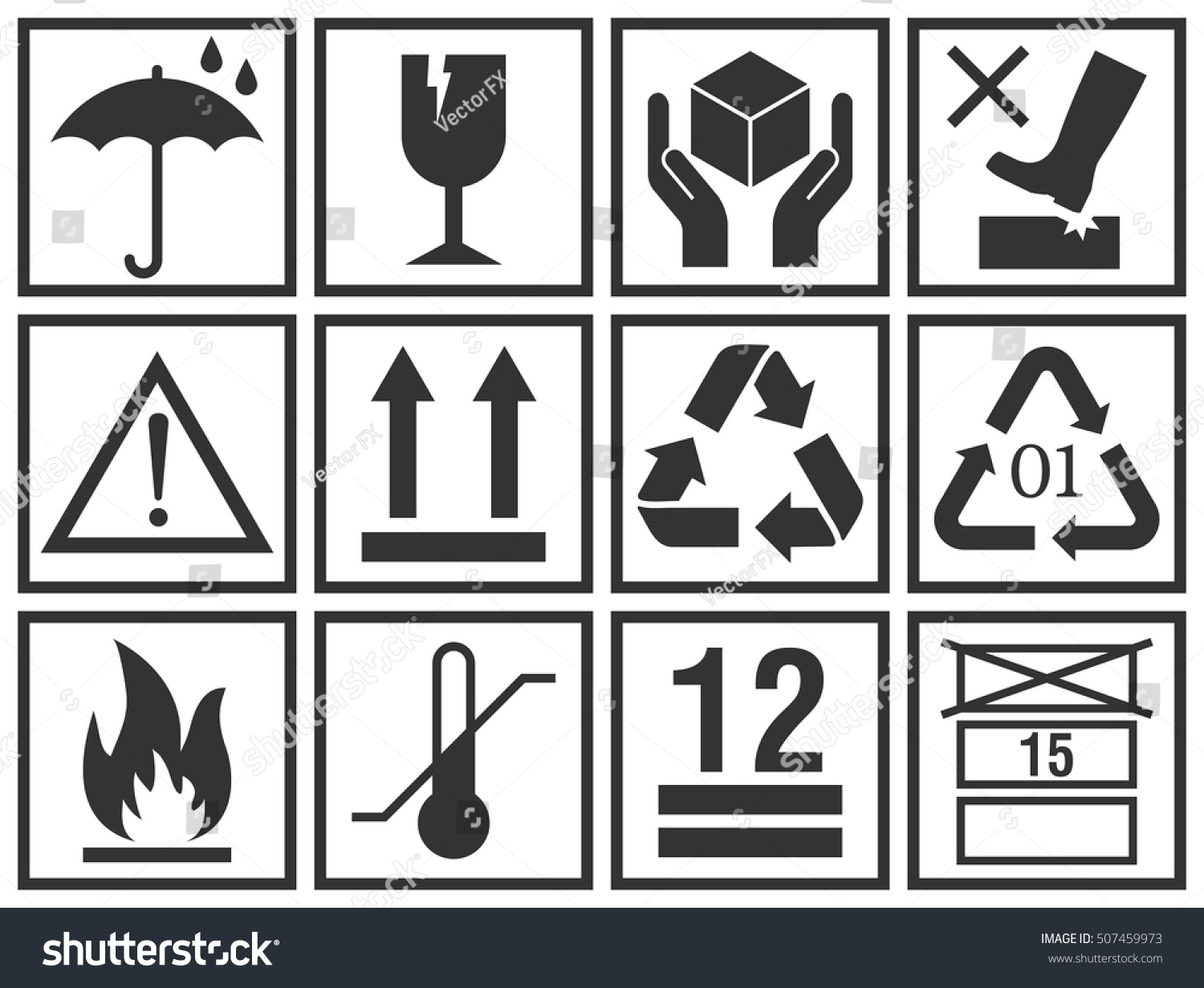 Cargo packing symbols set: keep dry fragile handle with care this side ...