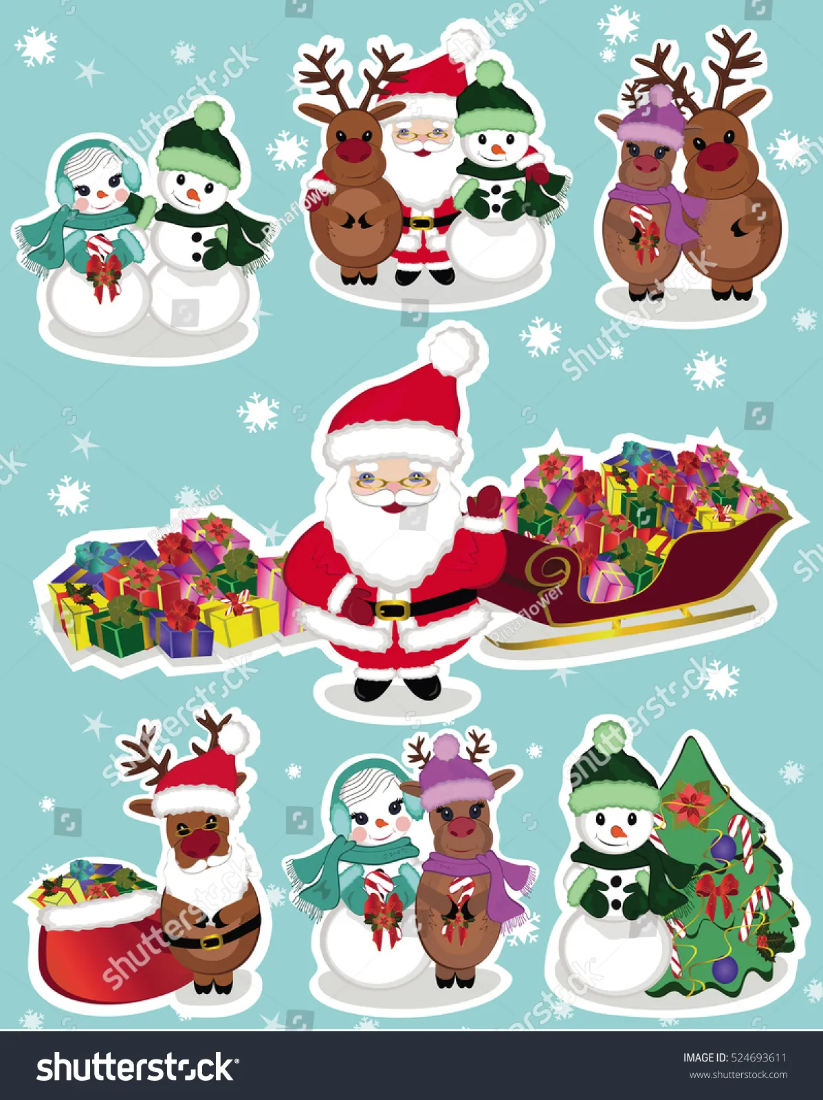 Set of flat icons with Santa Claus reindeer snowmen and sledge with ...