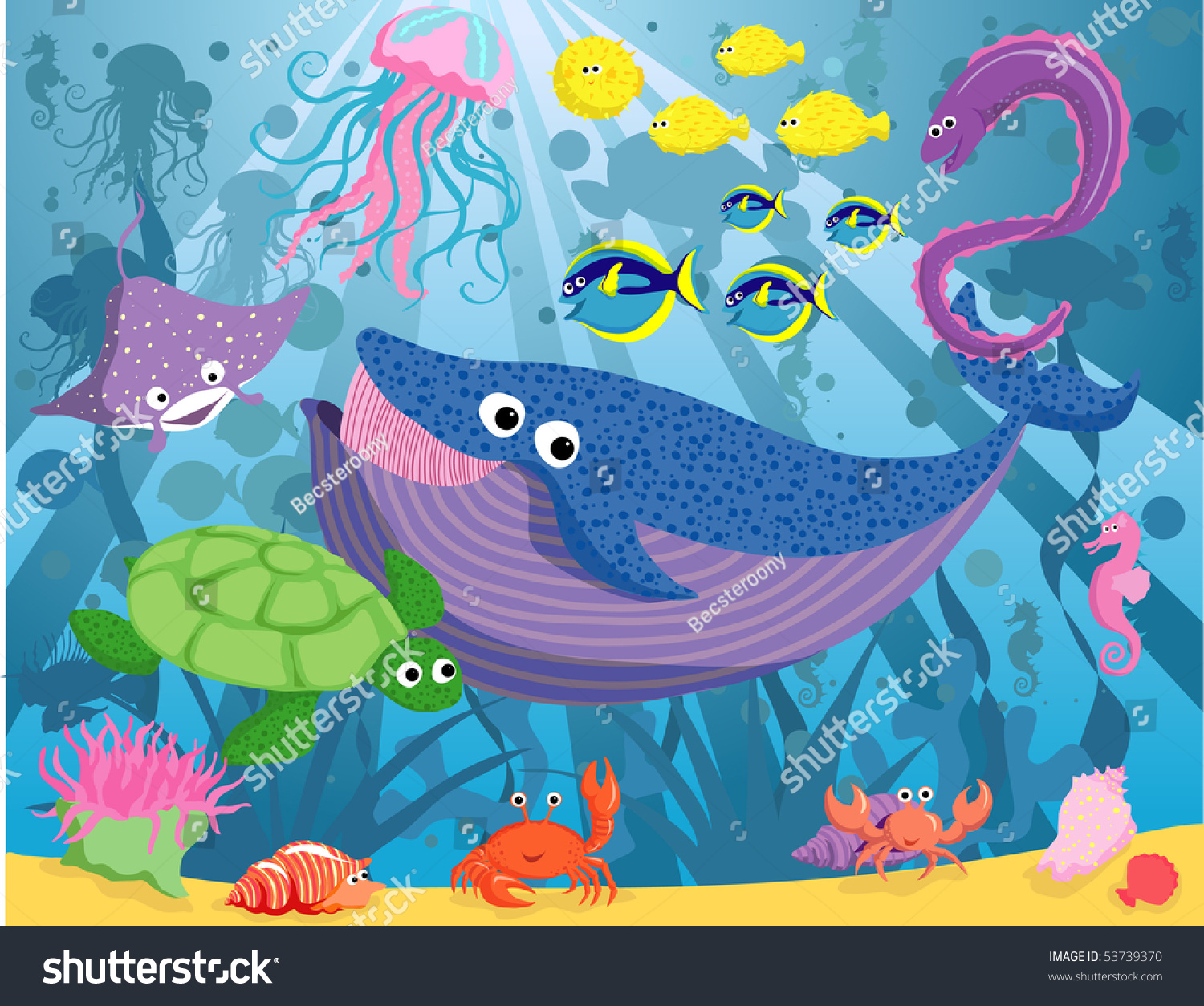 Sea life aquatic scene which includes whale manta ray jellyfish shells ...
