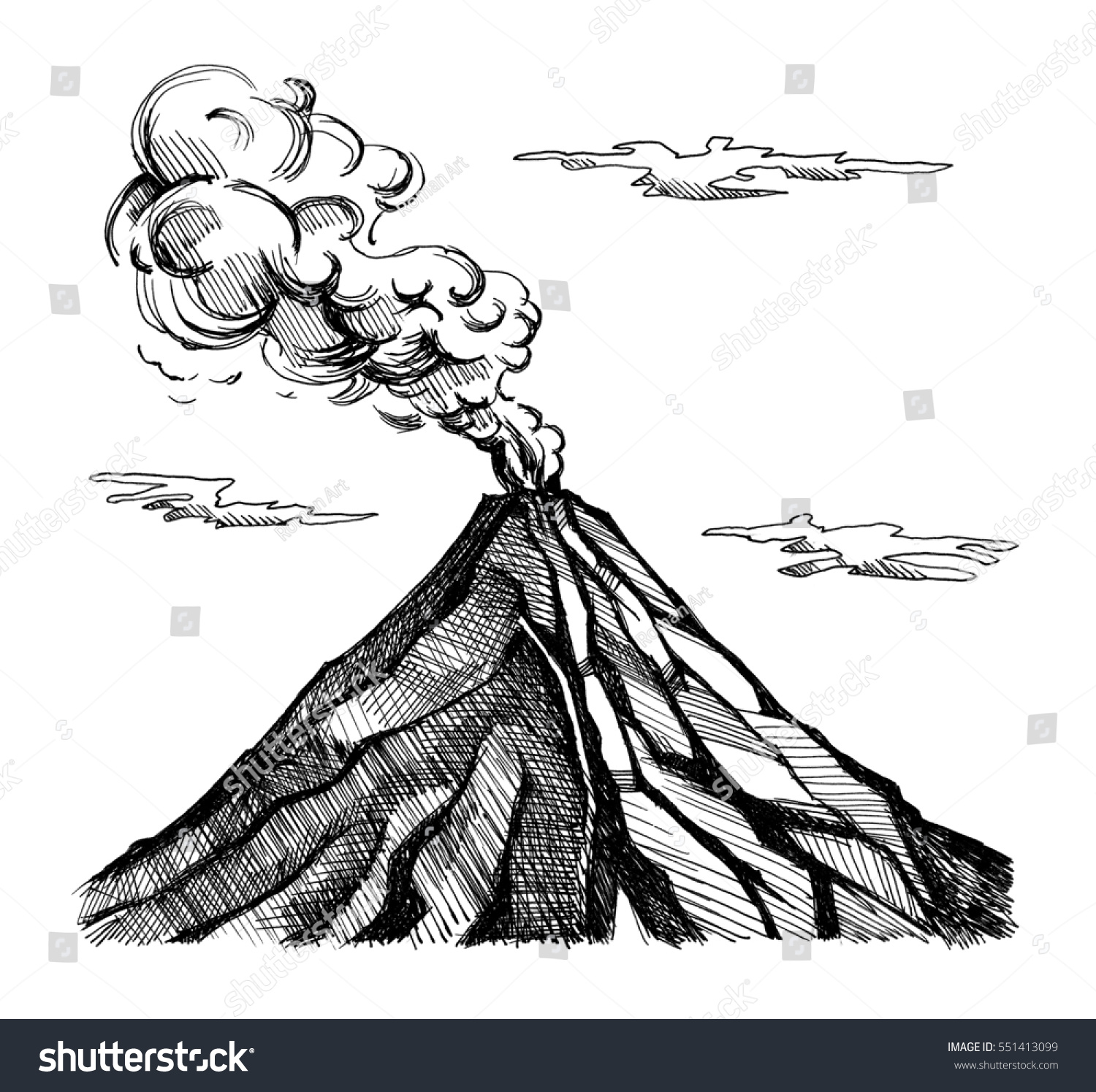 Sketch of the volcano. The eruption and smoke against the sky with ...