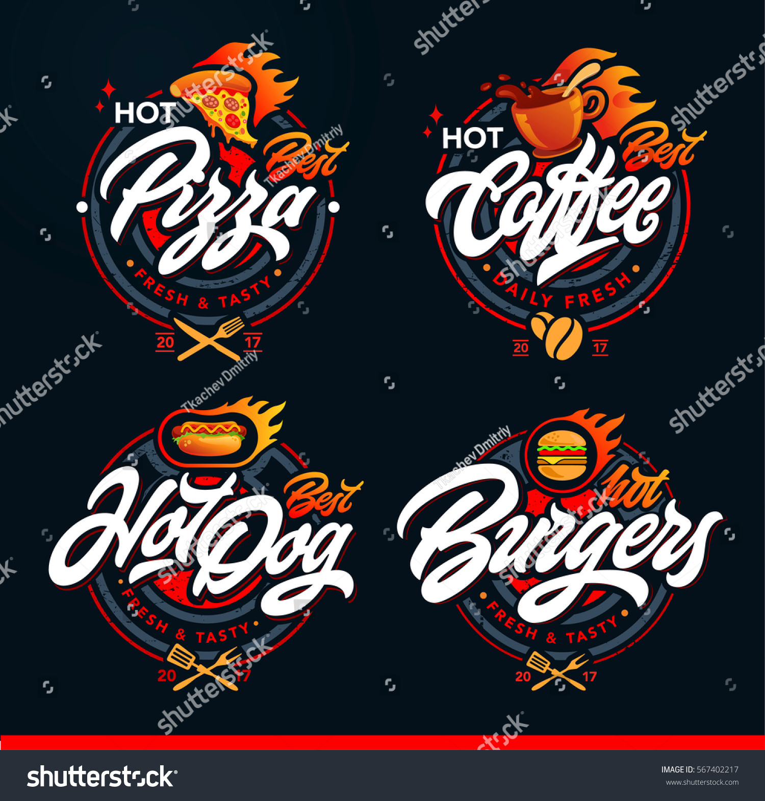 Set of labels logotype and elements for different fast food. Burgers ...