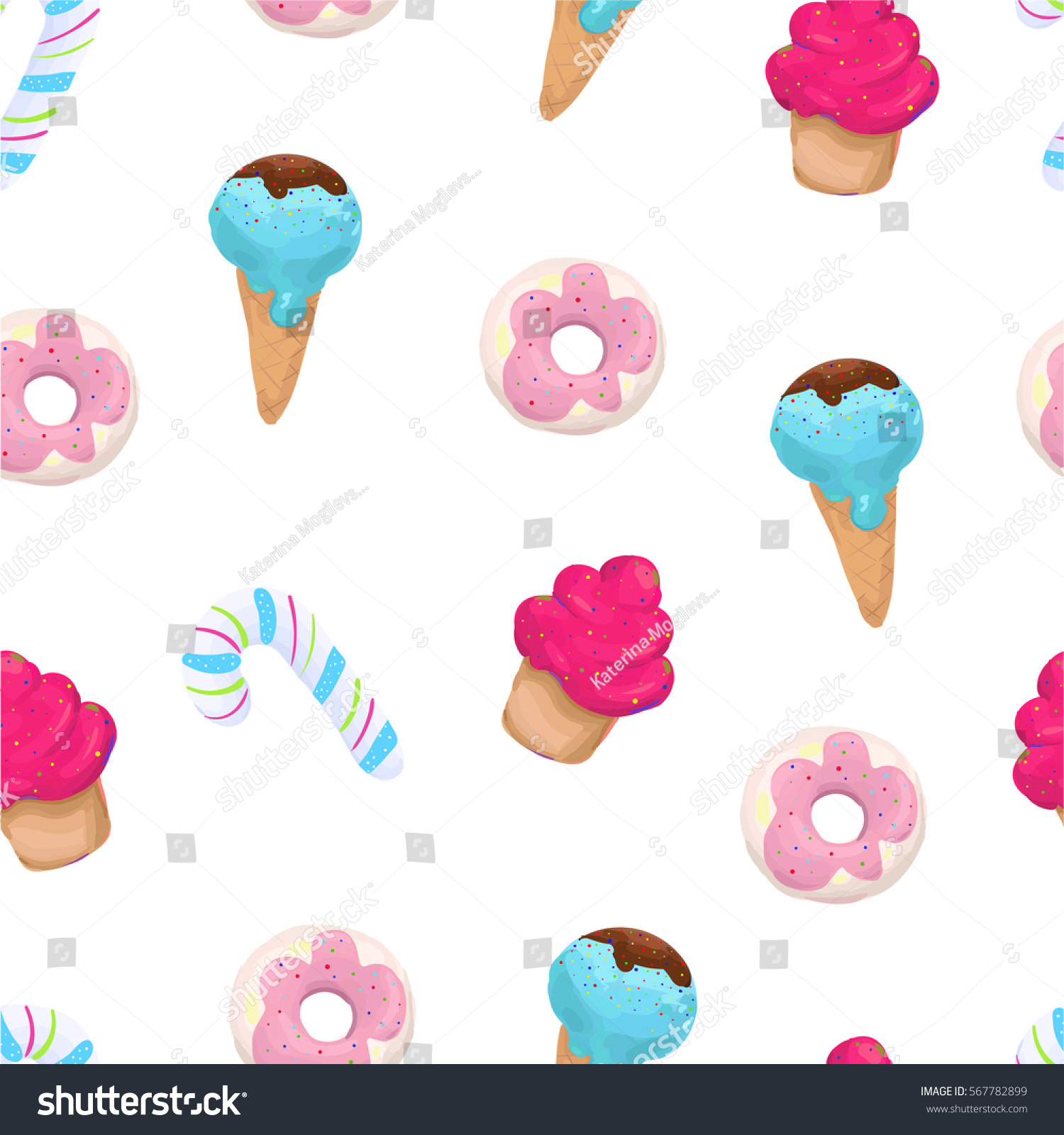 seamless pattern with sweets - ice cream donuts cupcakes chocolate bar ...