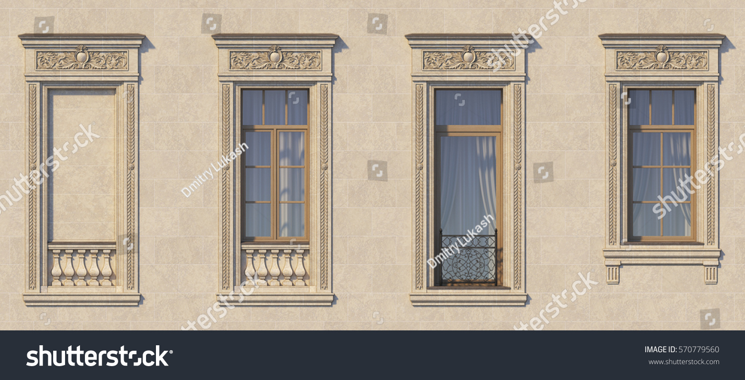 Framing of windows in classic style on the stone with French balcony ...