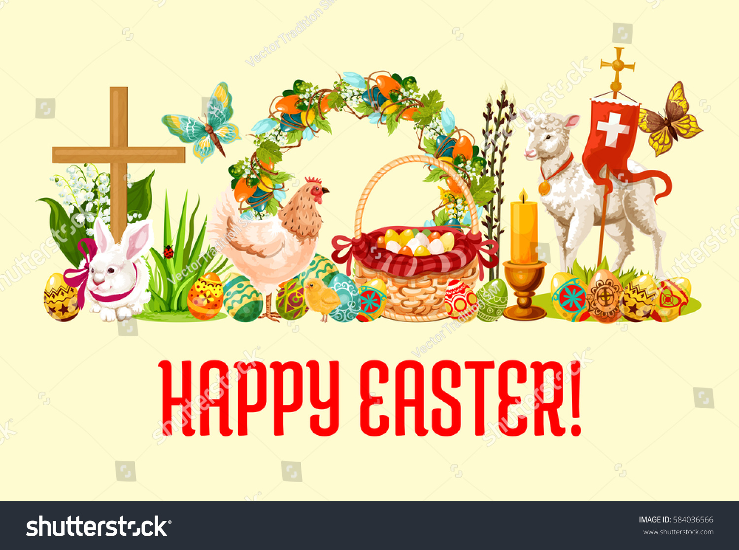 Happy Easter Day greeting banner. Painted Easter eggs rabbit bunny ...