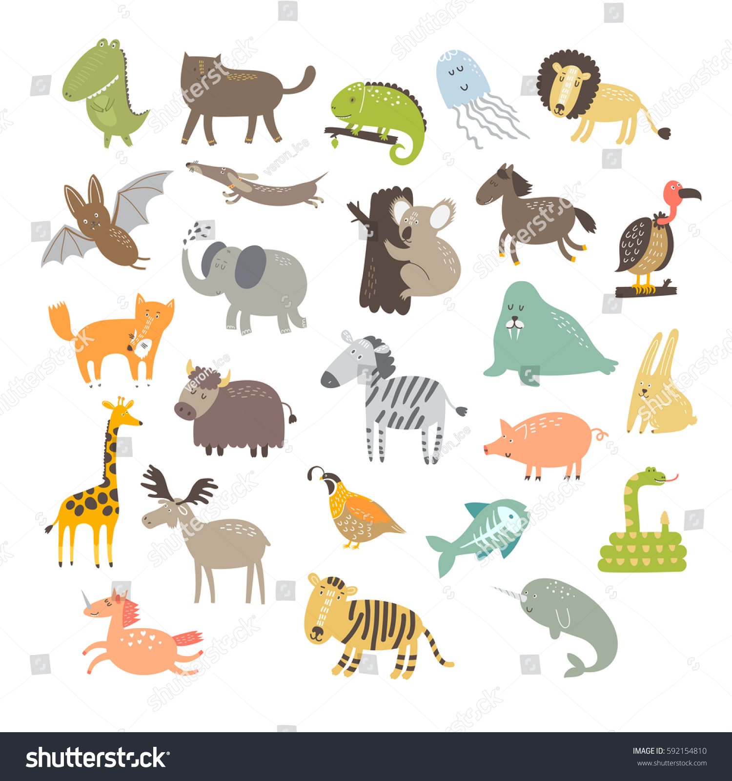 Cute vector animals. Cat dog elephant alligator lion zebra pig unicorn ...