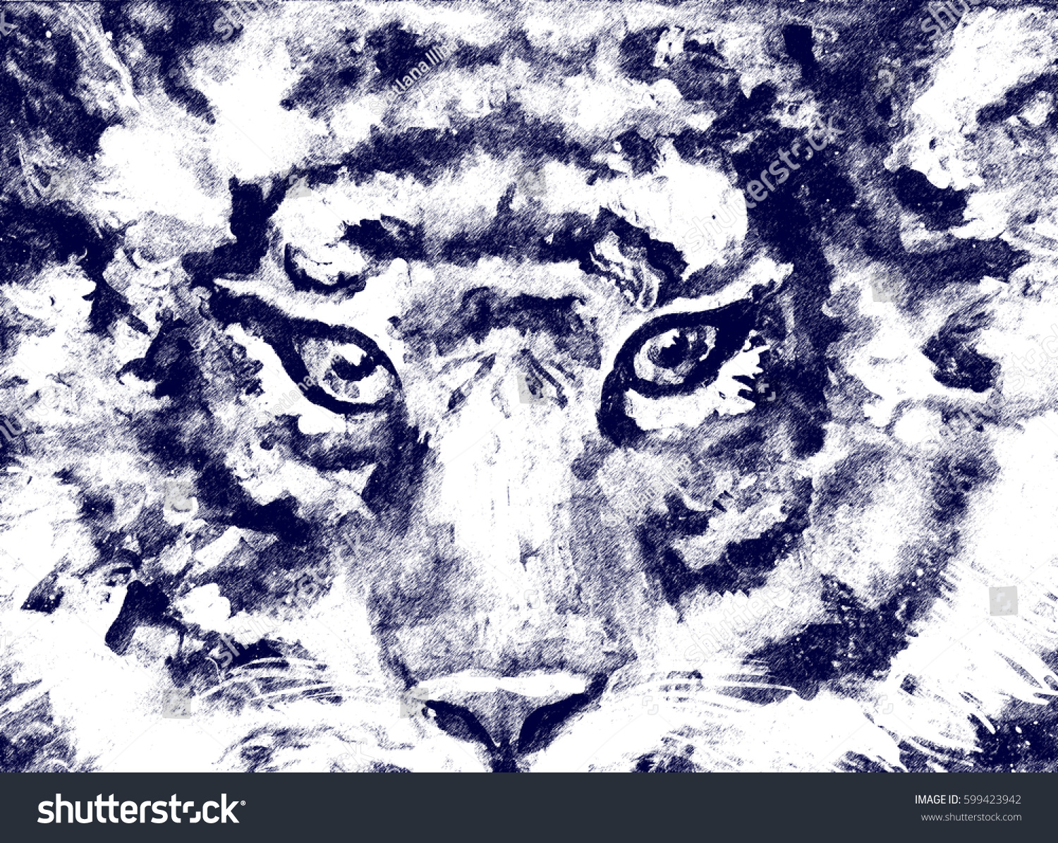Hand drawn watercolor portrait of a tiger color paint transitions and a ...