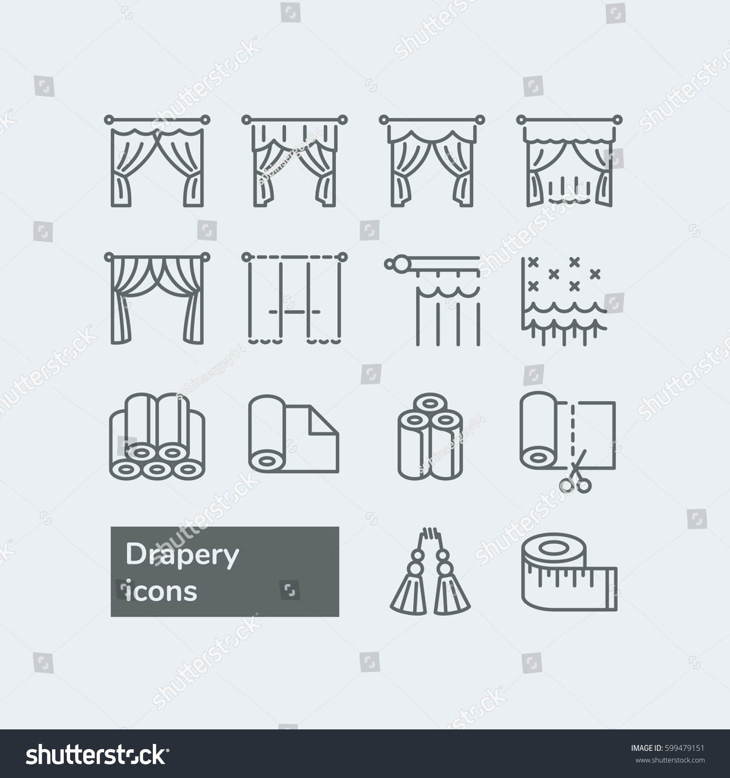 Elements for drapery and curtain shop. Vector line icons with drapes ...