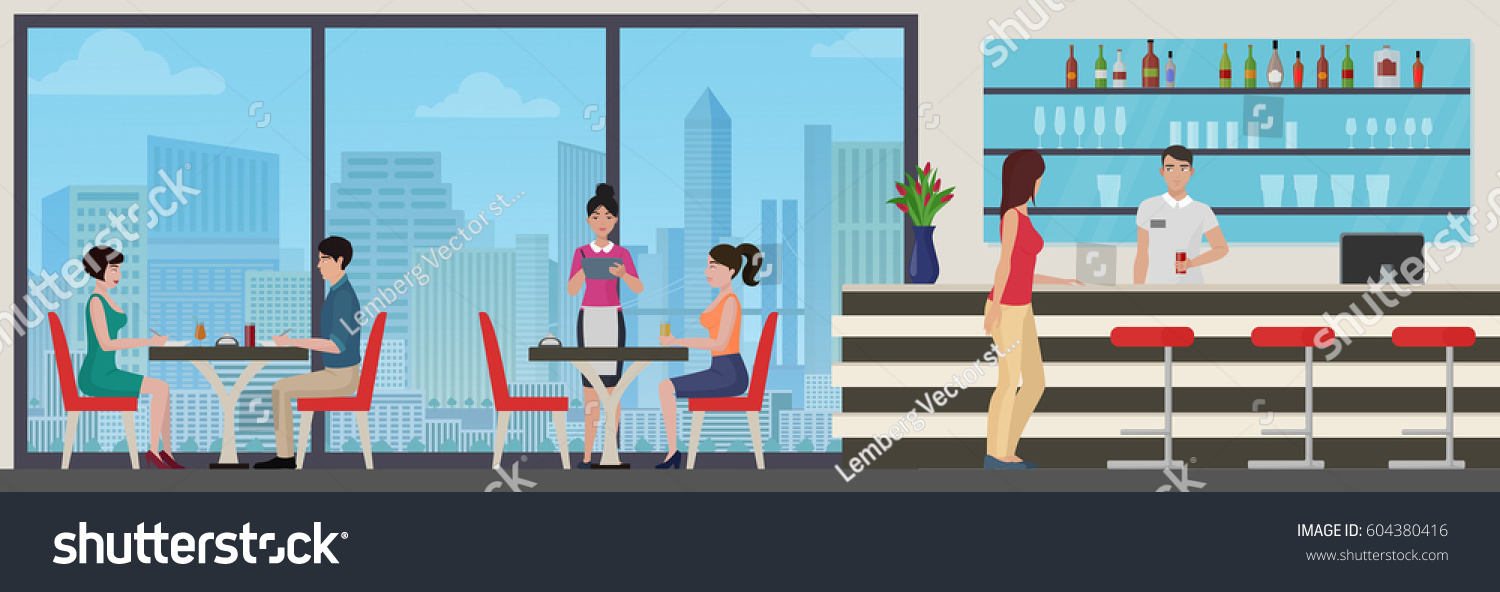People eating in modern restaurant cafe. Interior with city view._站酷海洛 ...