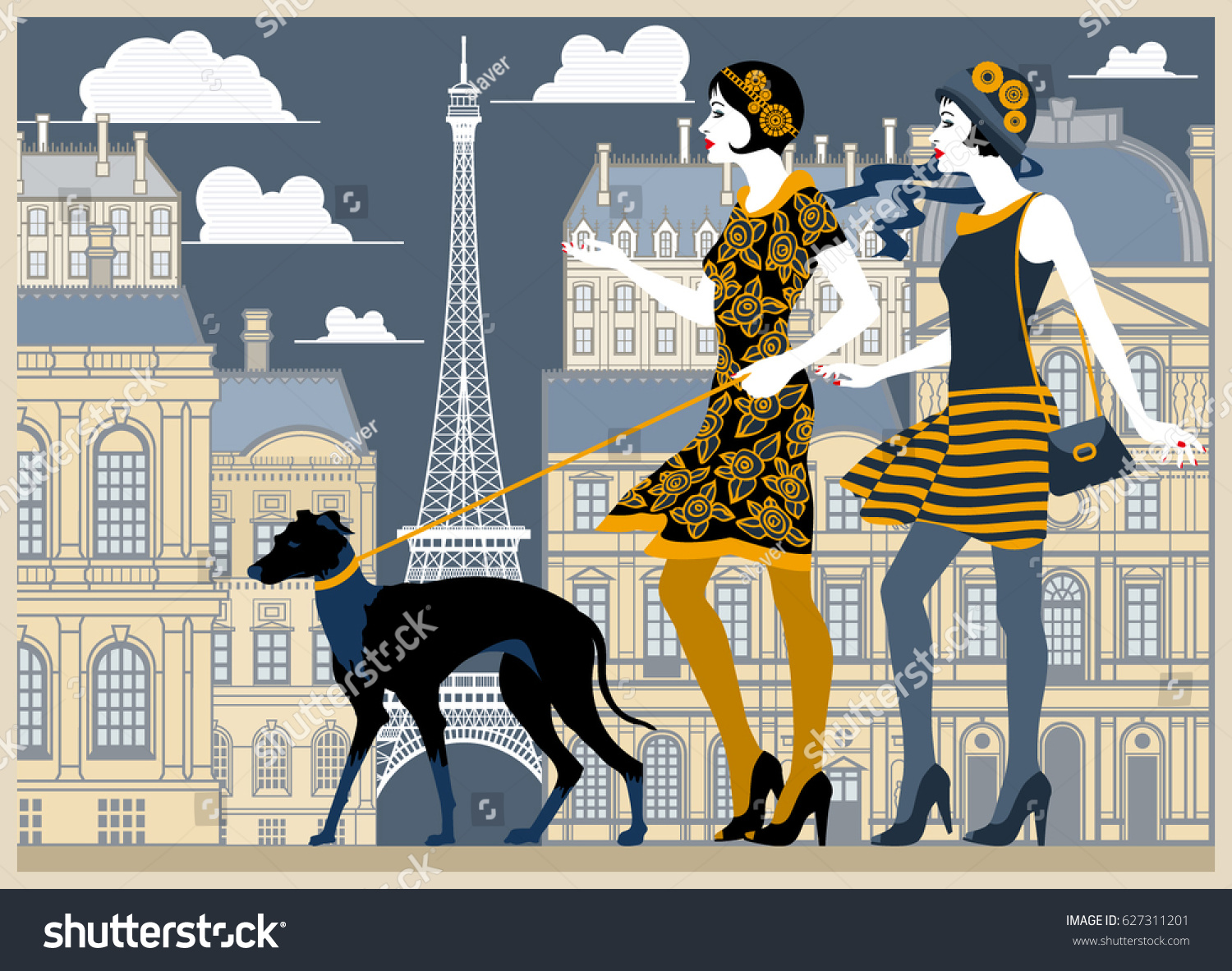 Two flapper girls walking with a dog in the center of Paris. Handmade ...