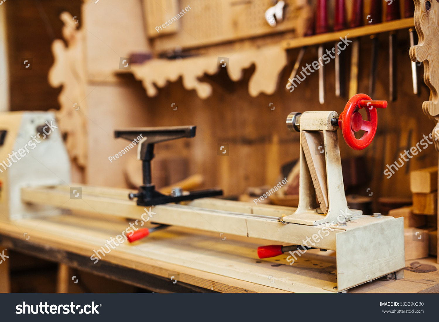 Background image of woodworking shop: wood cutting stand in empty ...