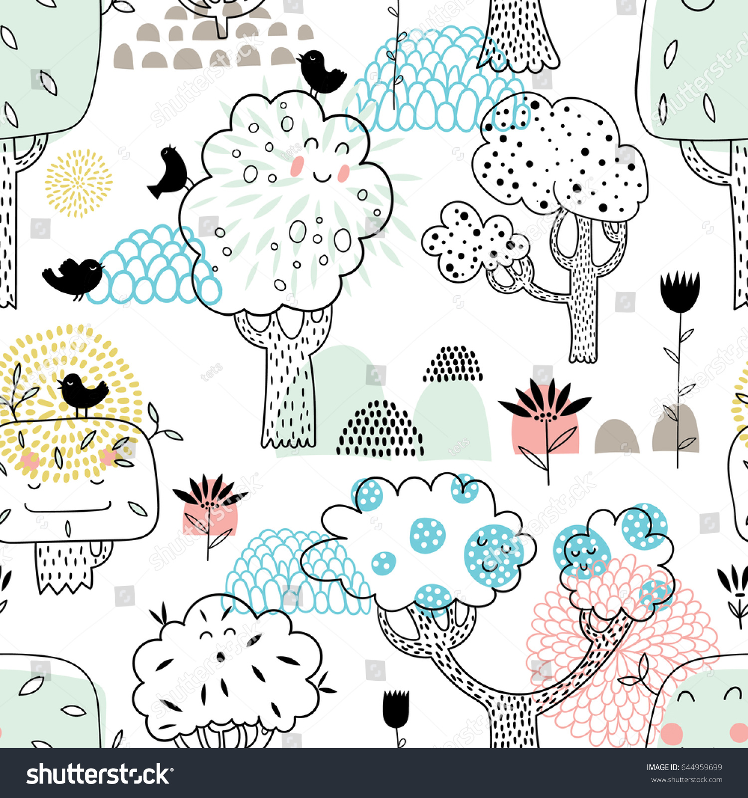 Seamless vector pattern with funny cute smiling trees_站酷海洛_正版图片_视频_字体 ...