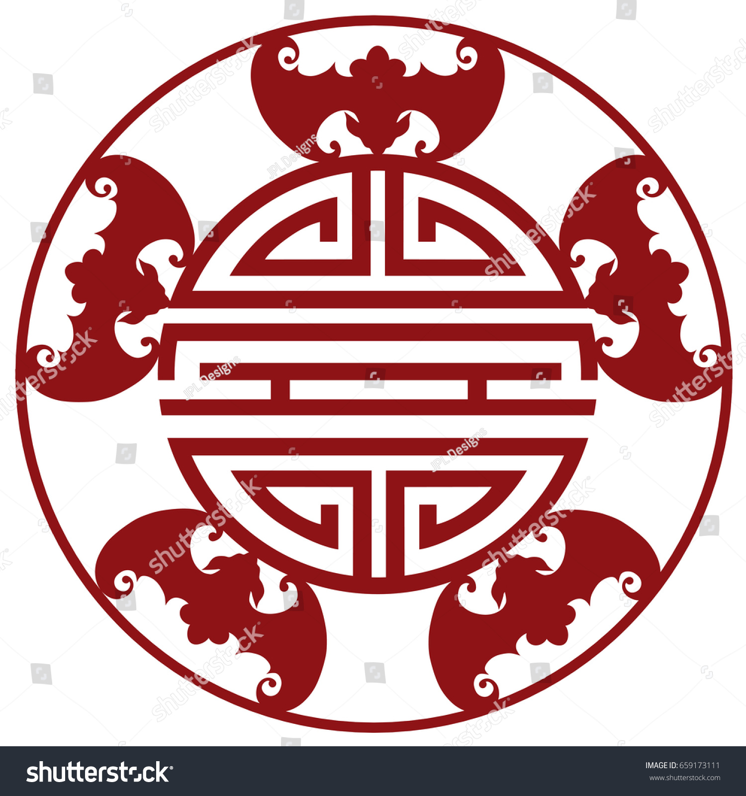 Chinese Longevity and Five Blessings Bats symbol character with border ...