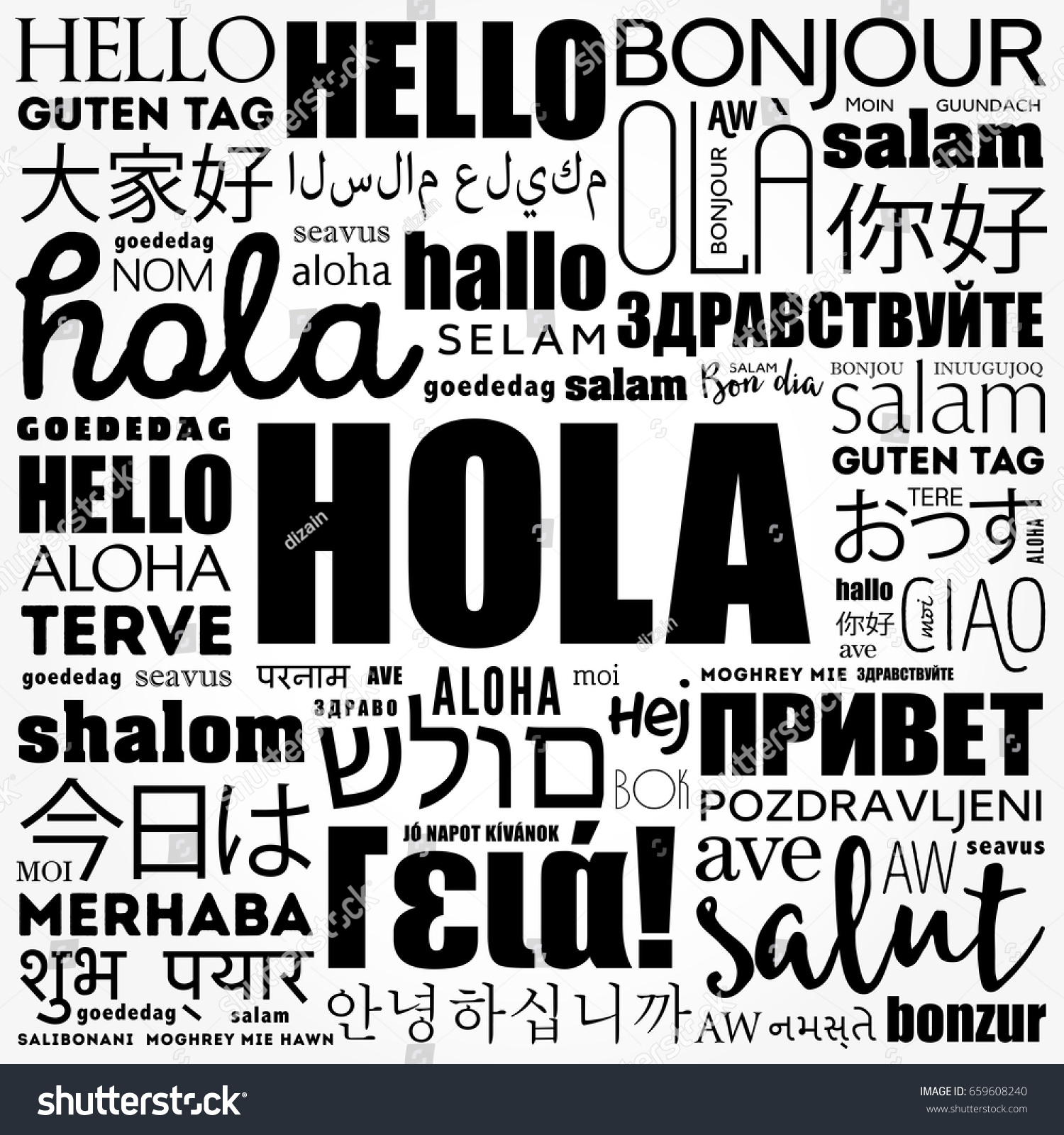 Hola (Hello Greeting in Spanish) word cloud in different languages of ...