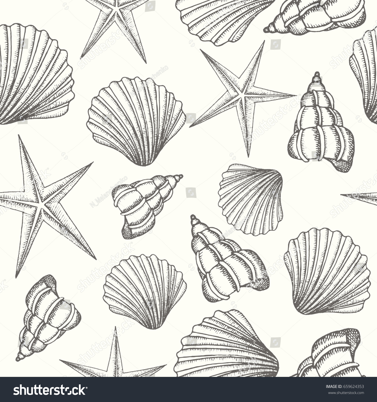 Vector vintage seamless background with hand drawn shells. Sketch ...
