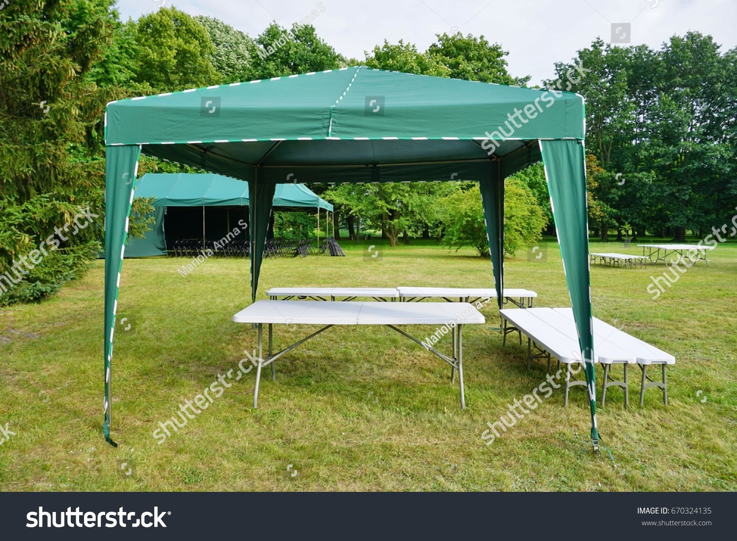 Green garden tent garden pavilion. Rest area with chair and picnic ...