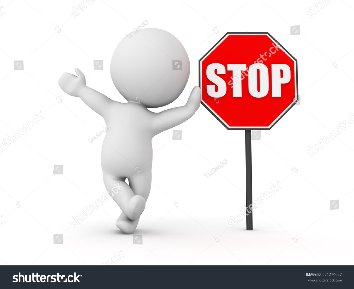 3D Character waving and leaning on red stop sign. Isolated on white. _站 ...