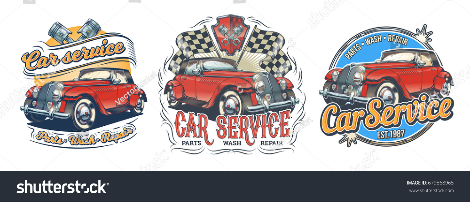 Set of vector vintage badges stickers signage for car service wash ...