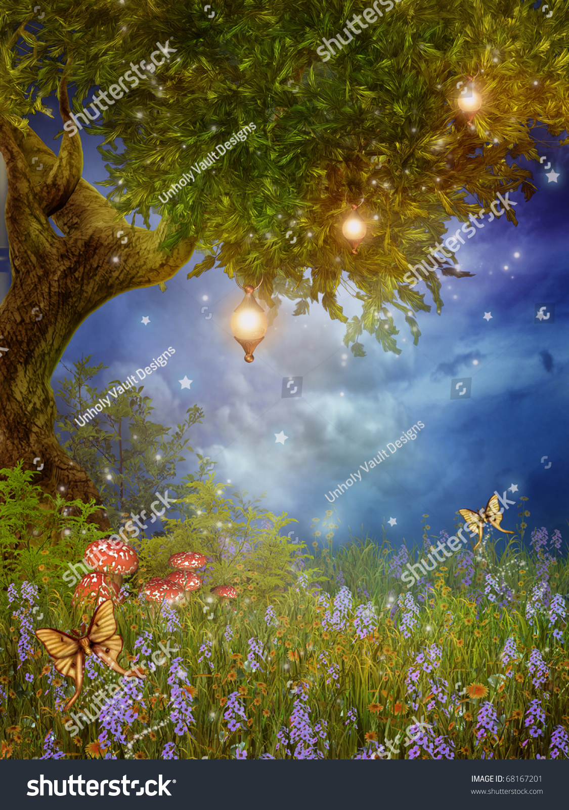 Fantasy meadow with a fairy tree and lamps_站酷海洛_正版图片_视频_字体_音乐素材交易平台_站酷旗下品牌