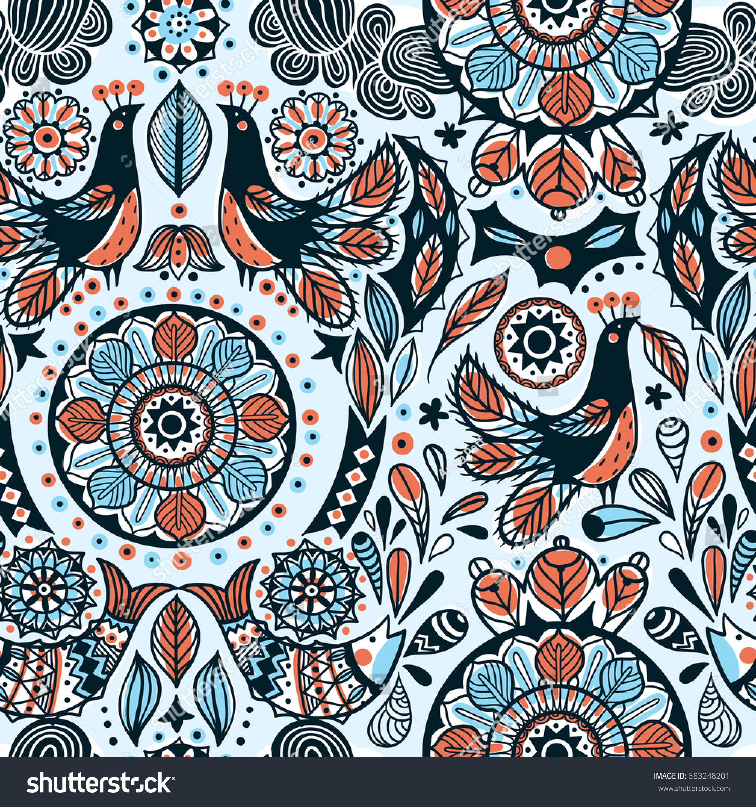 vector floral seamless pattern with abstract birds and folk elements_站酷 ...