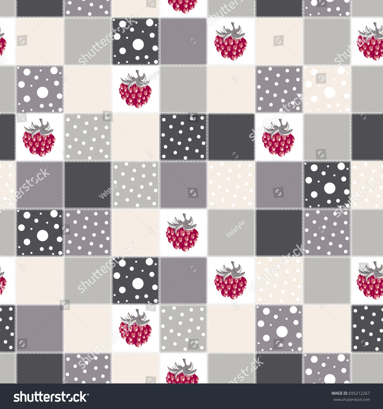 Geometric patchwork background with red raspberry kitchen pattern ...