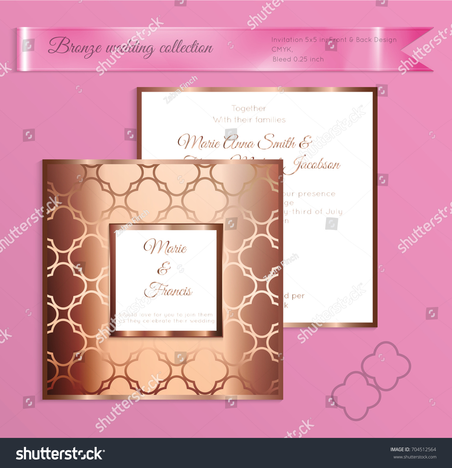 Luxury bronze shiny wedding invitation template. Back and front square ...