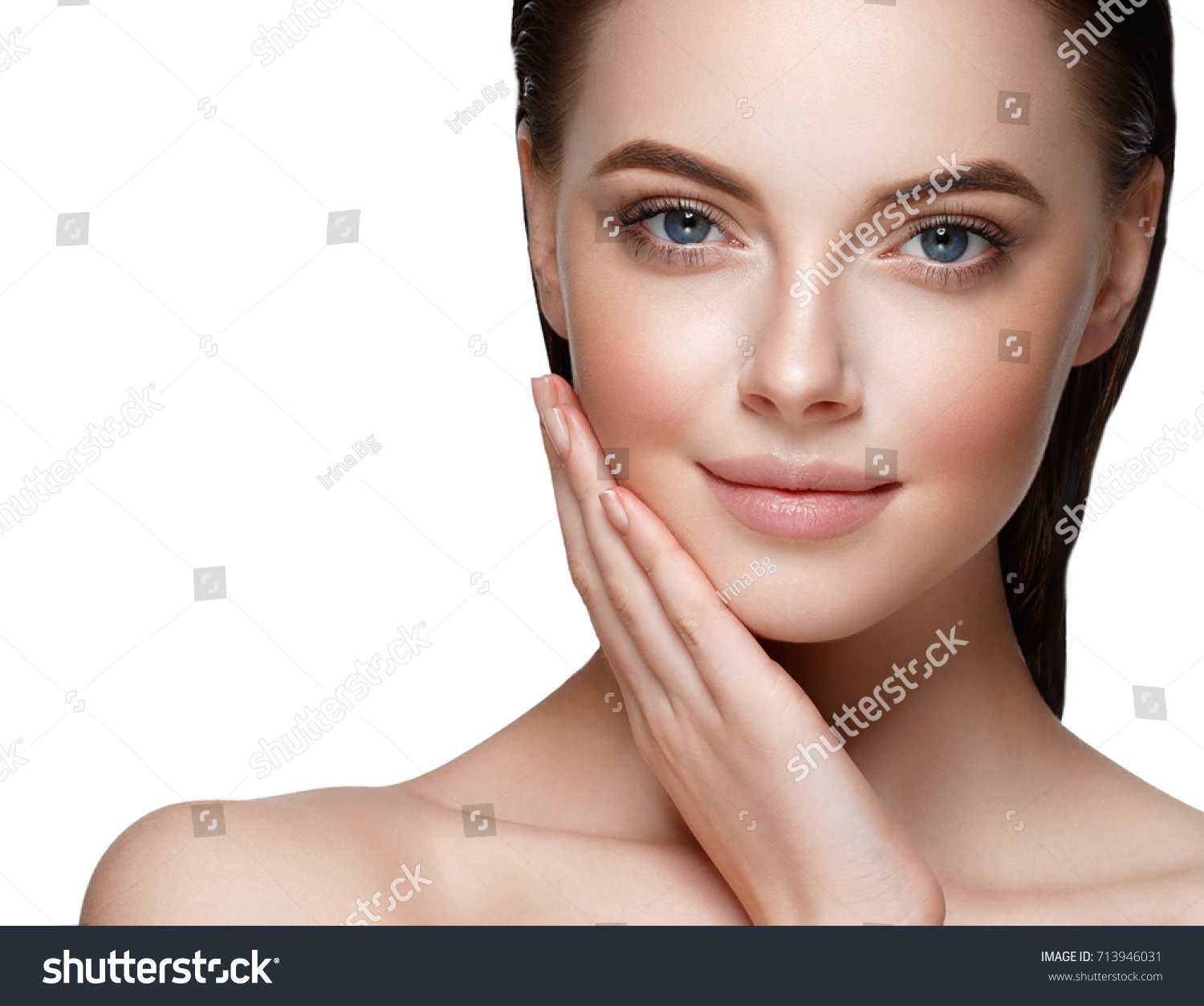 Beautiful woman face with make up and beauty healthy skin and hair ...