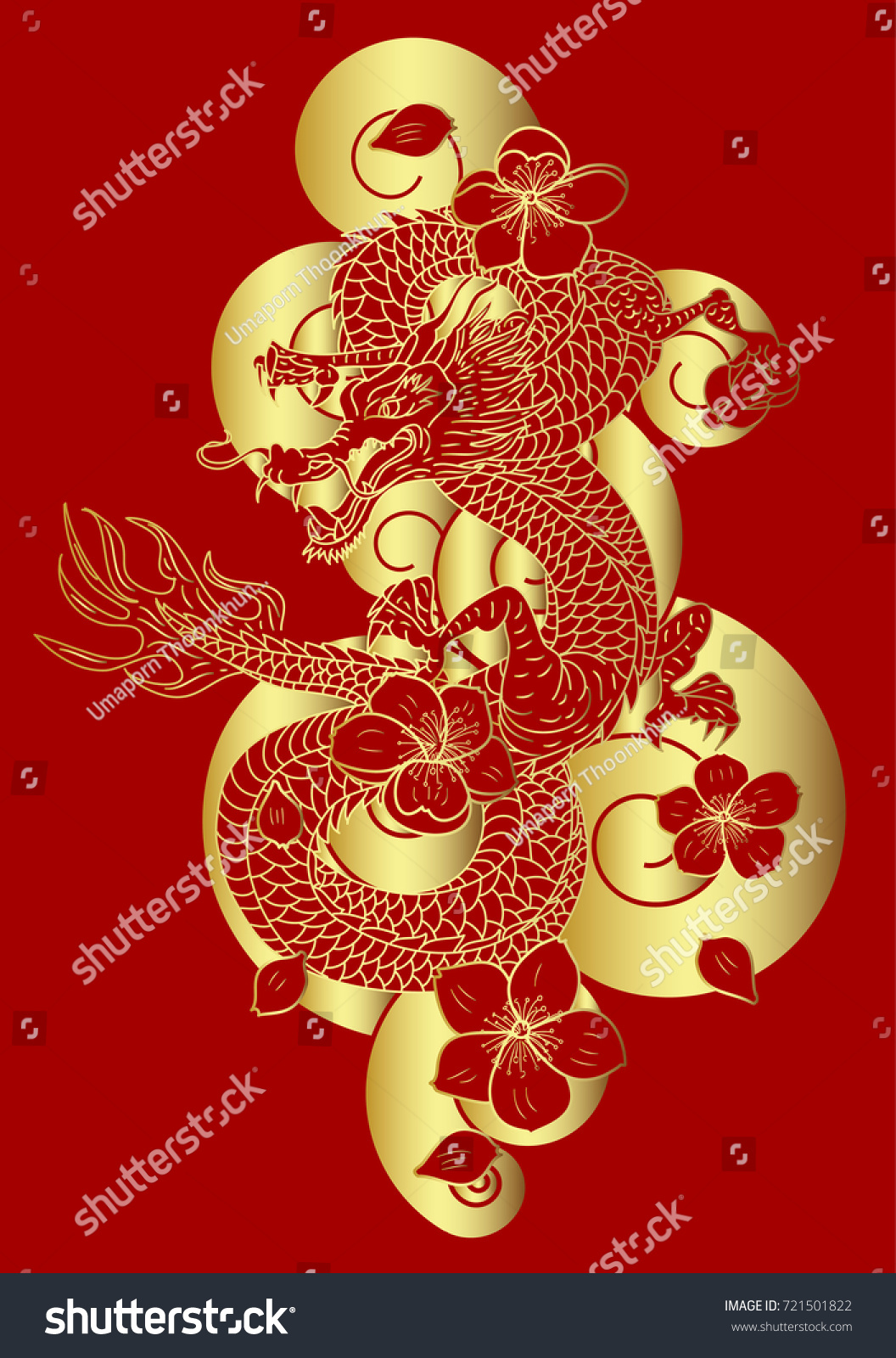 Golden Japanese dragon with flower for tattoo style. _站酷海洛_正版图片_视频_字体 ...