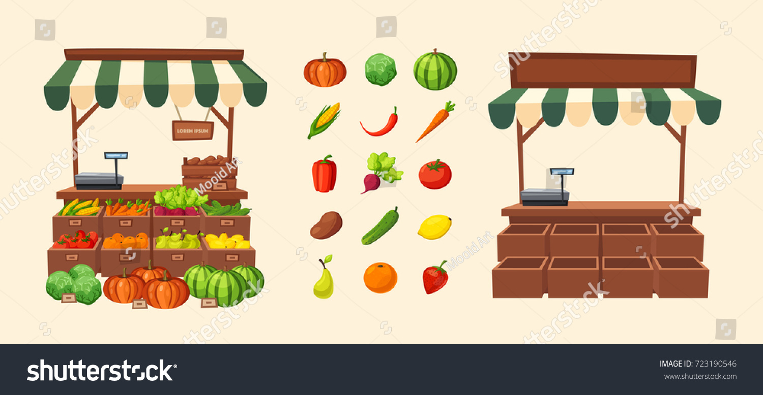 Farm shop. Local stall market. Selling vegetables. Cartoon vector ...
