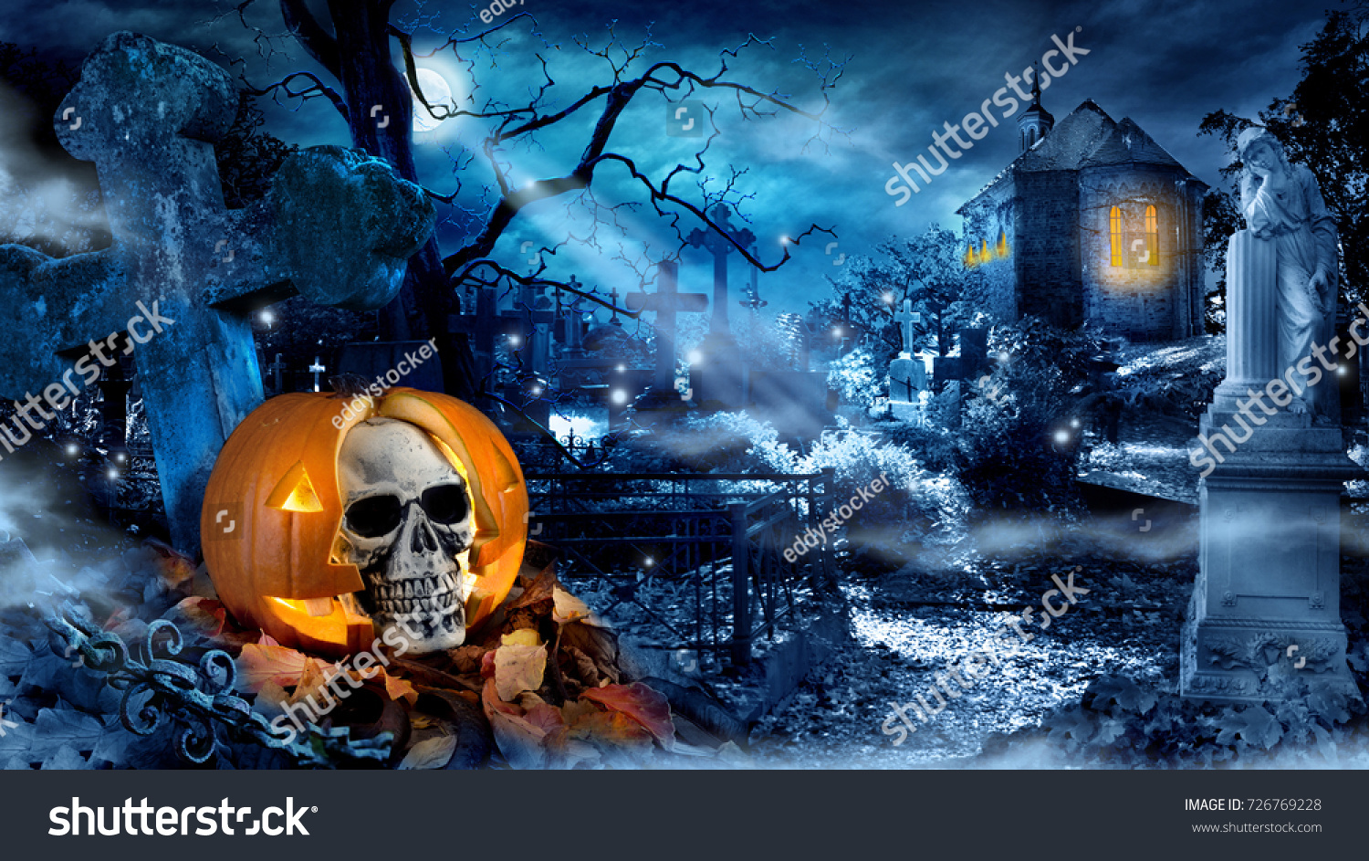 horror fear pumpkin skull night cross grave fence moonlight gloom ...