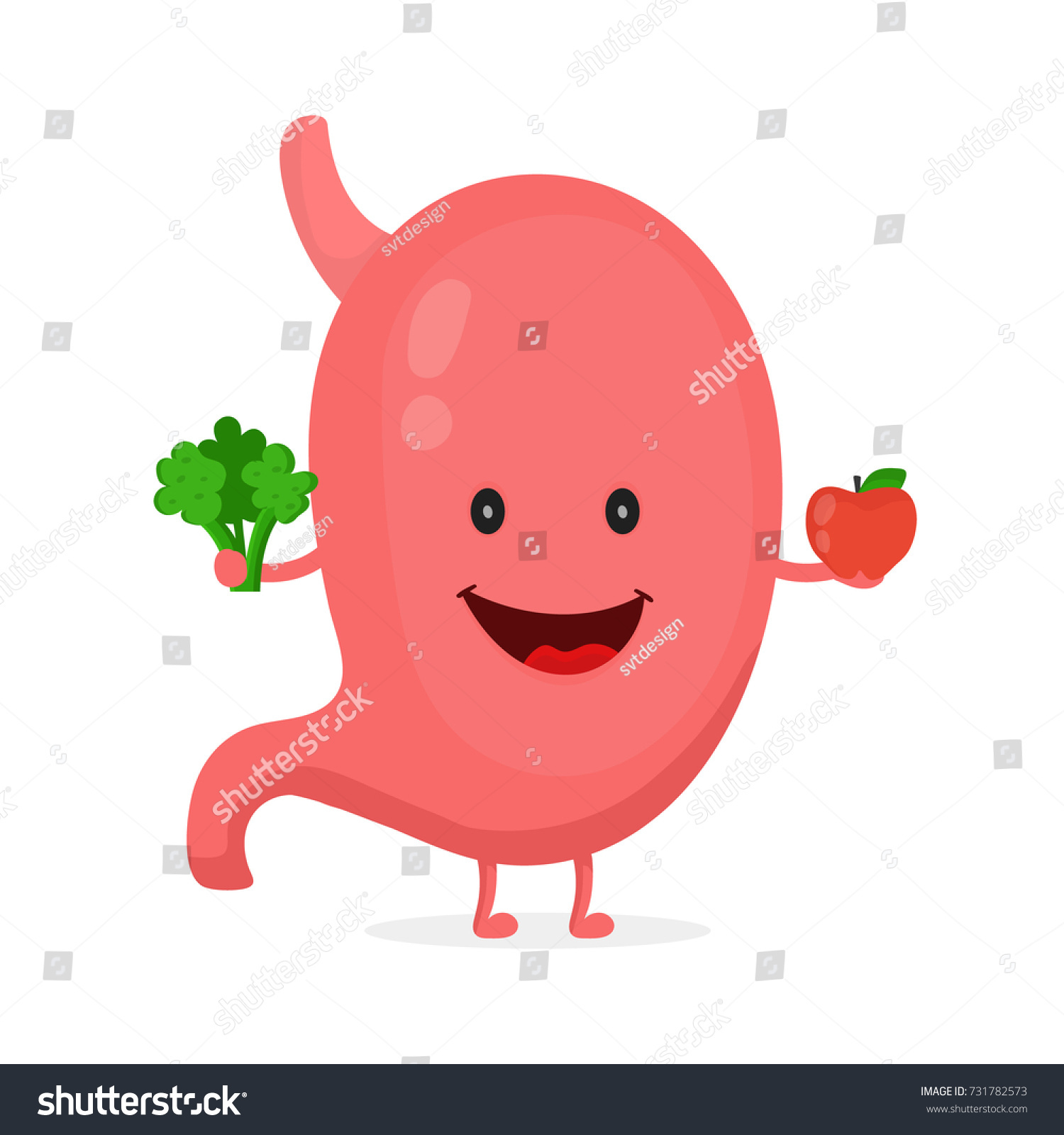 Strong healthy happy stomach character with broccoli and apple. flat ...