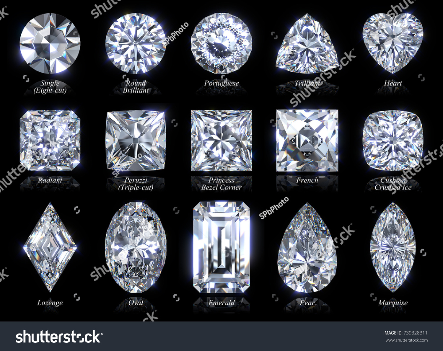 Set of fifteen popular diamond cut shapes close-up top view with ...