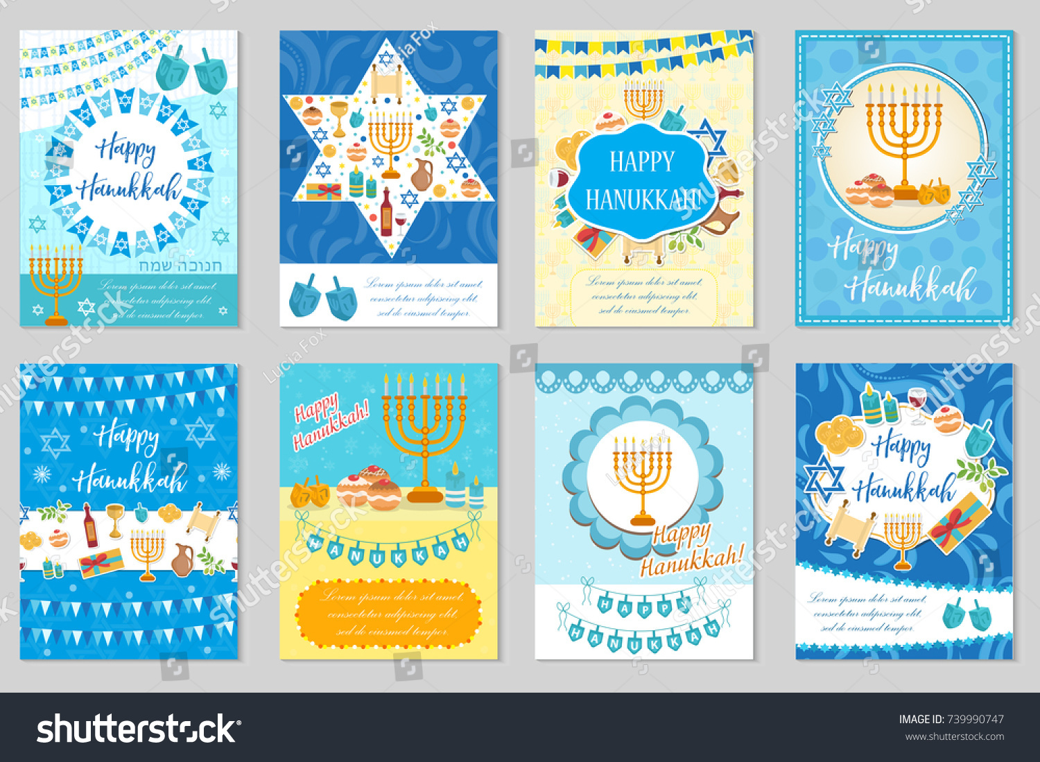 Happy Hanukkah set of greeting cards flyer poster. Hanukkah collection ...
