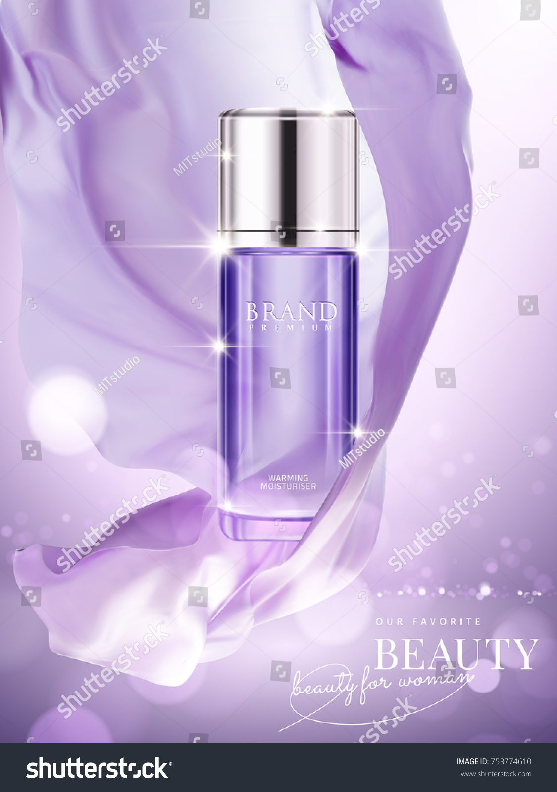 Elegant toner ads cosmetic advertising with purple chiffon waving in ...