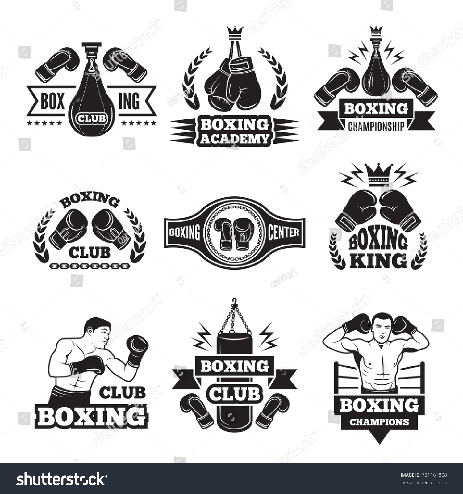 Monochrome labels set for boxing championship. Illustration of gloves ...