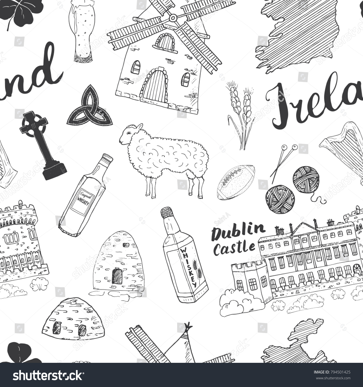 Ireland Sketch Doodles Seamless Pattern. Irish Elements with flag and ...