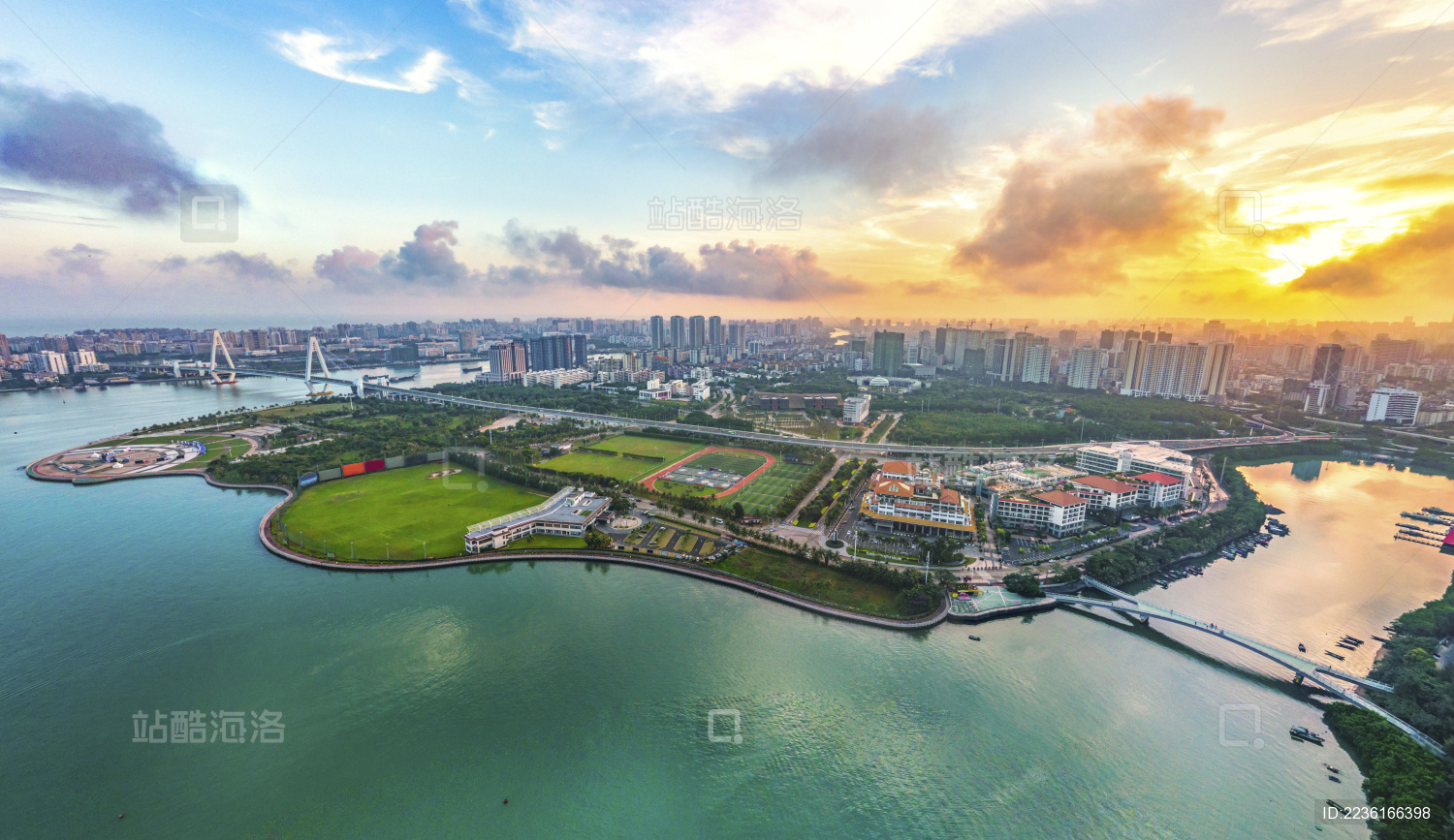 Aerial View of Buildings and Parks in Binhai Central Business District and Parks of Haikou City ...