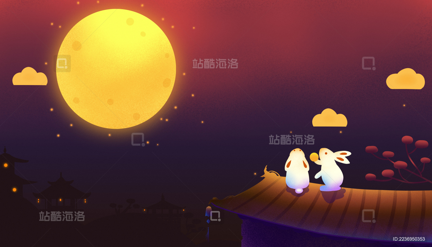 房顶上的两只可爱兔子望着月亮 满月插画_站酷海洛_正版图片_视频_字体_音乐素材交易平台_站酷旗下品牌