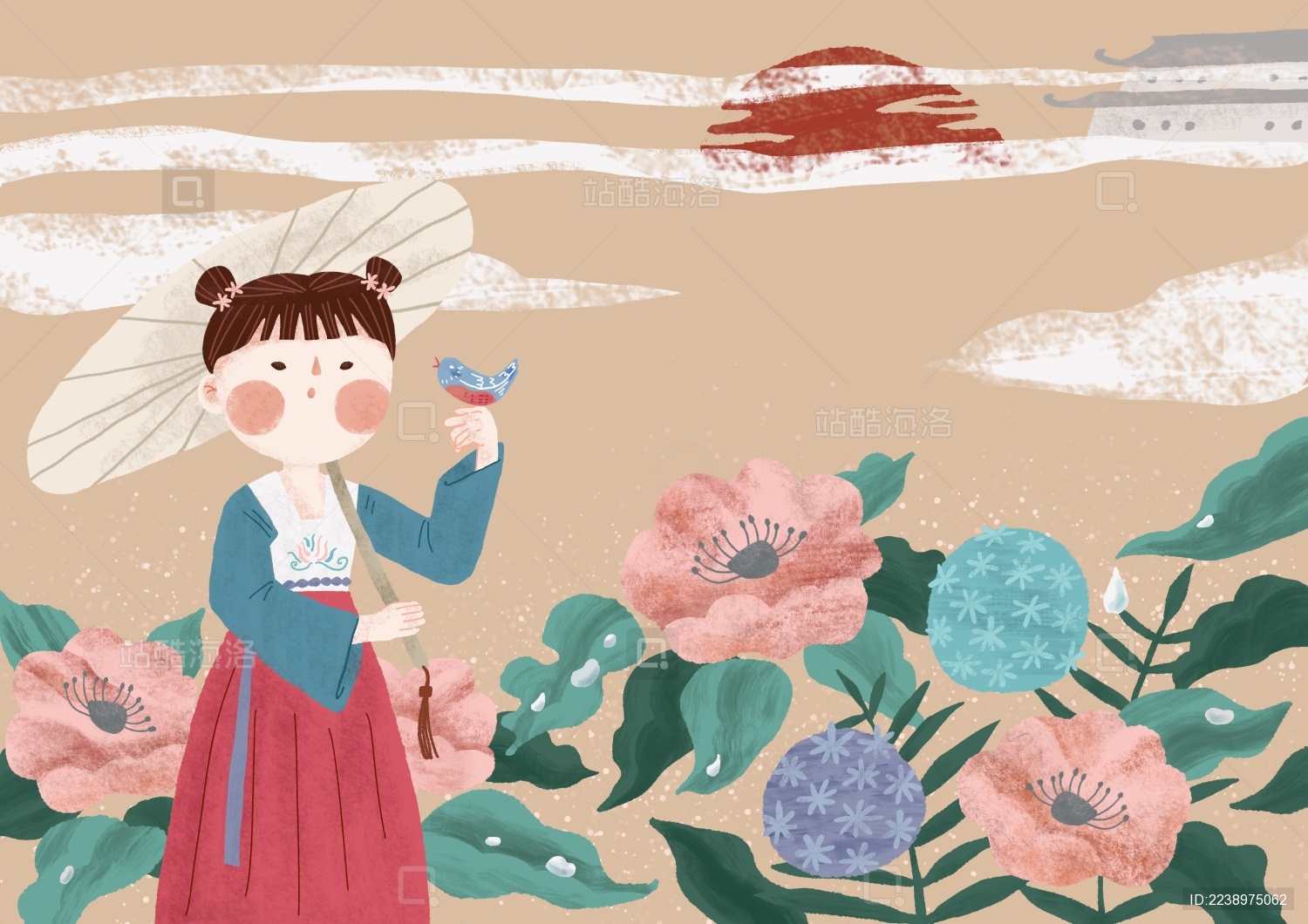 春天雨天谷雨汉服小孩东方儿童撑伞赏花_站酷海洛_正版图片_视频_字体_音乐素材交易平台_站酷旗下品牌